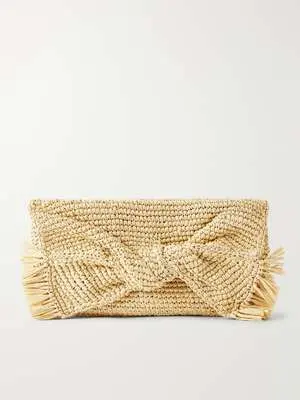 ANYA HINDMARCH Bow Leather-trimmed Raffia Clutch - Sand