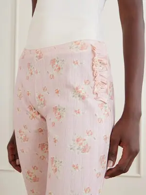 Simone Rocha Ruffled Floral-print Pointelle-knit Cotton-jersey Leggings - Pink