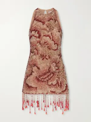 CLIO PEPPIATT Beaded Sequin-embellished Mini Dress With Fringe - Red