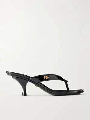 Dolce & Gabbana Logo Detailed Patent Leather Thong Sandals - Black