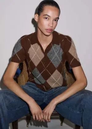 ME+EM Merino Cashmere Silk Argyle Puff Sleeve Knit Polo - Pecan Brown Multi