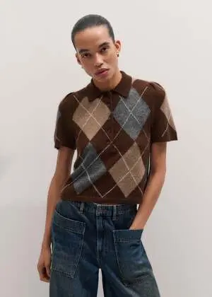 ME+EM Merino Cashmere Silk Argyle Puff Sleeve Knit Polo