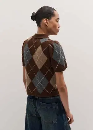 ME+EM Merino Cashmere Silk Argyle Puff Sleeve Knit Polo