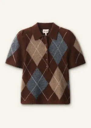 ME+EM Merino Cashmere Silk Argyle Puff Sleeve Knit Polo