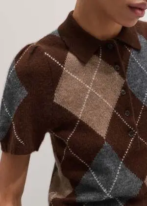ME+EM Merino Cashmere Silk Argyle Puff Sleeve Knit Polo