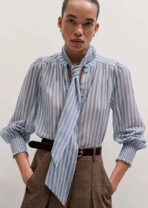 ME+EM Cotton Voile Striped Blouse With Neck Tie