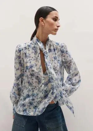 ME+EM Silk Cotton Blend Floral Print Shirt With Tie Neck