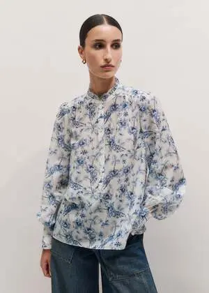 ME+EM Silk Cotton Blend Floral Print Shirt With Tie Neck