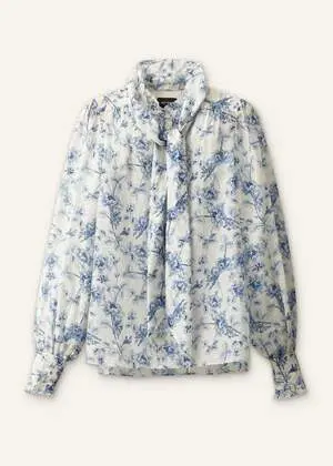 ME+EM Silk Cotton Blend Floral Print Shirt With Tie Neck