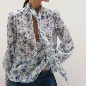 ME+EM Silk Cotton Blend Floral Print Shirt With Tie Neck