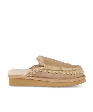 Mou Thick-soled Muller Slippers With Crocheted Stitching - Camel