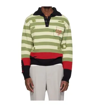 Andersson Bell Striped Distressed Knit Polo Shirt