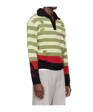 Andersson Bell Striped Distressed Knit Polo Shirt
