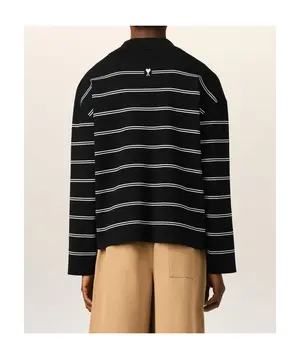 AMI Paris Black Striped Cotton Polo With Patch