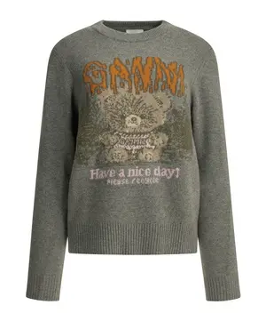 GANNI Teddy Intarsia Knitted Jumper - Grey