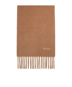 Max Mara Logo Embroidered Fringe Scarf - Camel