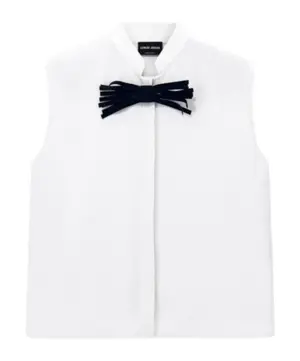 Giorgio Armani Sleeveless Silk Cady Mandarin Collar Shirt With Detachable Brooch - White
