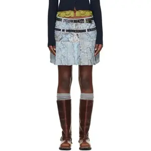 Andersson Bell Python Print Faded Denim Mini Skirt