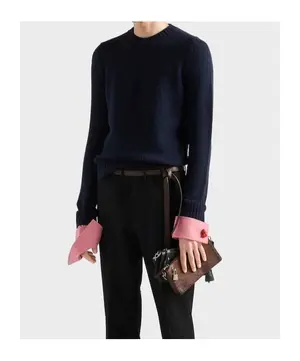 Prada Shetland Wool Crew-neck Sweater With Removable Cuffs - Navy Blue