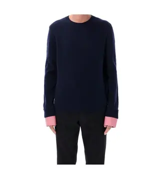 Prada Shetland Wool Crew-neck Sweater With Removable Cuffs - Navy Blue