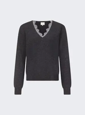 Loulou De Saison Leyla Cashmere Sweater With Lace Trim - Charcoal