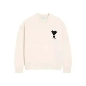 AMI Paris Merino Wool Crew Neck Sweater With De Coeur Intarsia - Cream