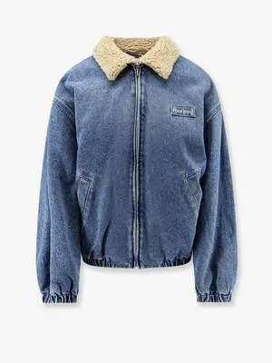 Miu Miu Denim Jacket With Faux Fur Collar And Logo Patch - Multicolor
