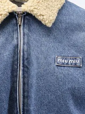 Miu Miu Denim Jacket With Faux Fur Collar And Logo Patch - Multicolor