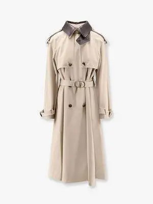 Dior Beige Cotton And Silk Blend Trench Coat With Leather Collar - Cream