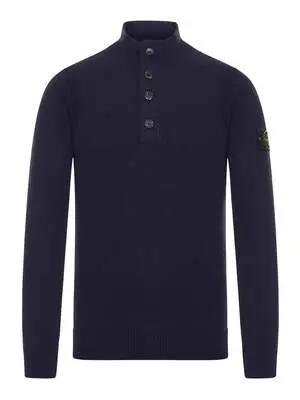 Stone Island Lambswool Sweater With Mock Neck And Button Detail - Blue