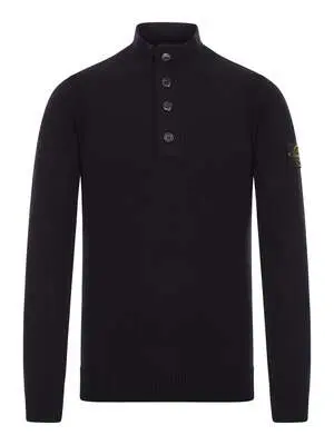 Stone Island Regular Fit Sweater With Short Zip And Button Detailing - Black