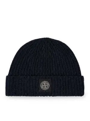 Stone Island Ribbed Knit Beanie With Compass Logo Patch - Black