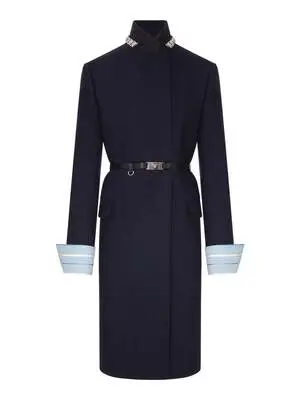 Prada Long Wool Coat With Jewel Collar - Blue