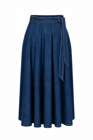 EXQUISE Pleated Midi Skirt With Belt - Blue