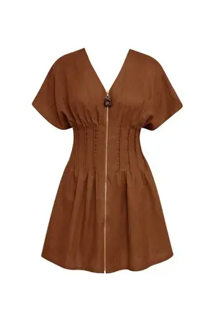 EXQUISE Short Sleeve Linen Mini Dress - Brown