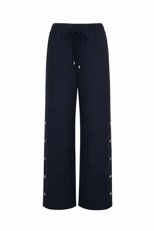EXQUISE Navy Blue Wide Leg Pants With Metallic Button Detail