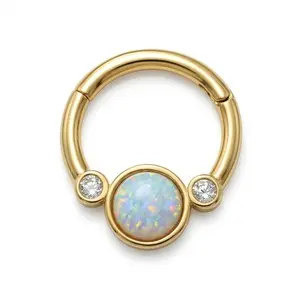 Zahav Jewelry 10k Solid 16g Opal And Cz Clicker Hoop - Gold