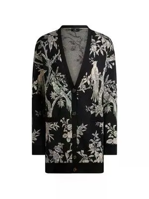 Etro Wool-blend Jacquard Cardigan With Nature Motif - Black
