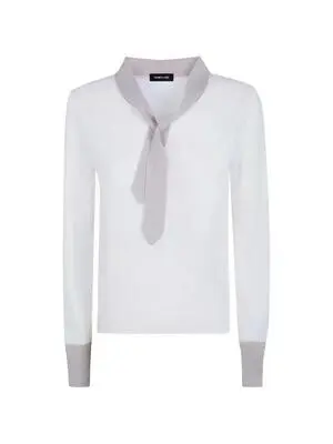 ANNE CLAIRE Fine Knit Neck Tie Sweater - White
