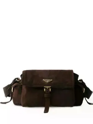 Prada Medium Suede Shoulder Bag With Flap - Brown