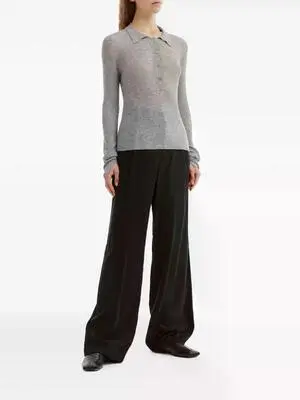 GANNI Ribbed Knit Crystal-embellished Polo Top - Grey
