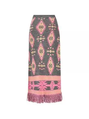 COLOUR MARKET Geometric-pattern Fringed Maxi Skirt - Grey