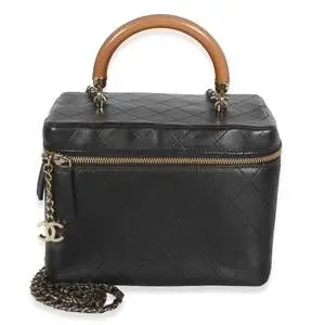 Chanel Quilted Lambskin Vanity Case With Top Handle And Chain Strap - Black