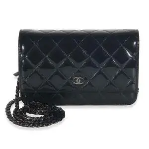 Chanel Navy Quilted Patent Wallet On Chain Blue
