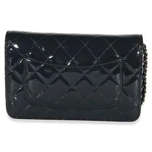 Chanel Navy Quilted Patent Wallet On Chain - Blue