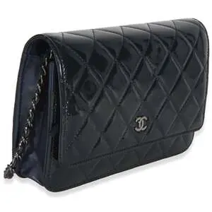 Chanel Navy Quilted Patent Wallet On Chain