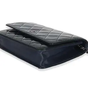 Chanel Navy Quilted Patent Wallet On Chain