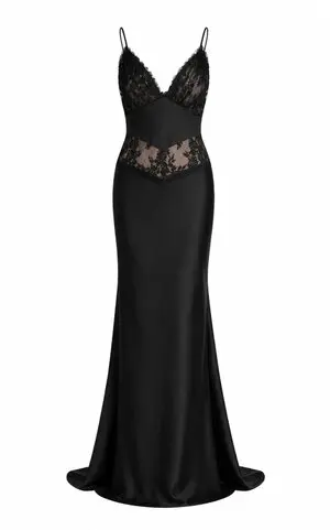 SANDRA MANSOUR Desire Satin Lace Maxi Dress - Black