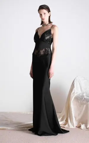 SANDRA MANSOUR Desire Satin Lace Maxi Dress