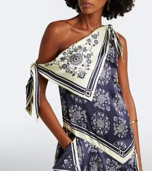 ALEMAIS Asymmetric Floral Silk Midi Dress - Blue
